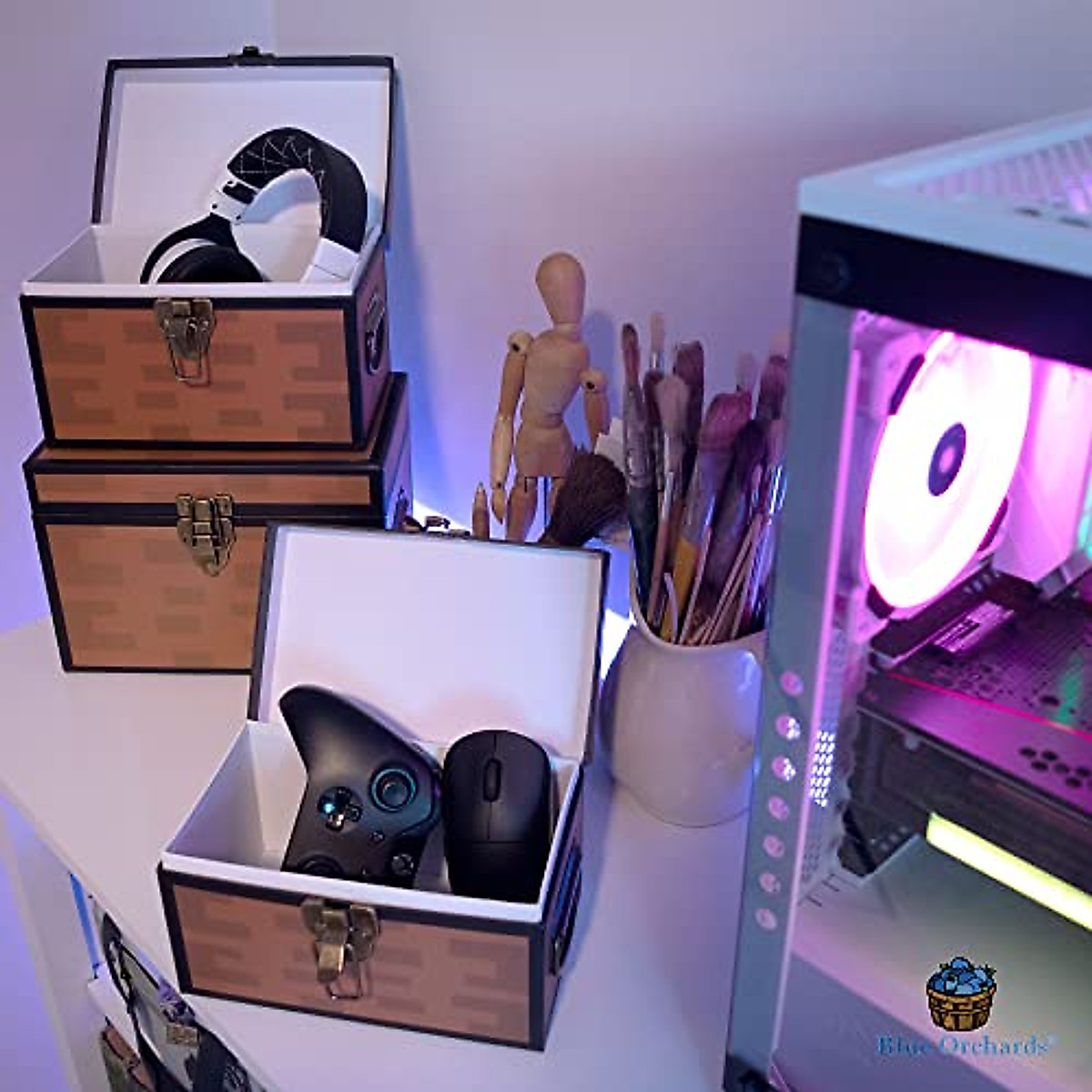 Blue Orchards Pixel Treasure Chest Paperboard Boxes (Set of 3), Decoration for Video Gamers, Birthday Parties, Mining Fun, Storage or Display