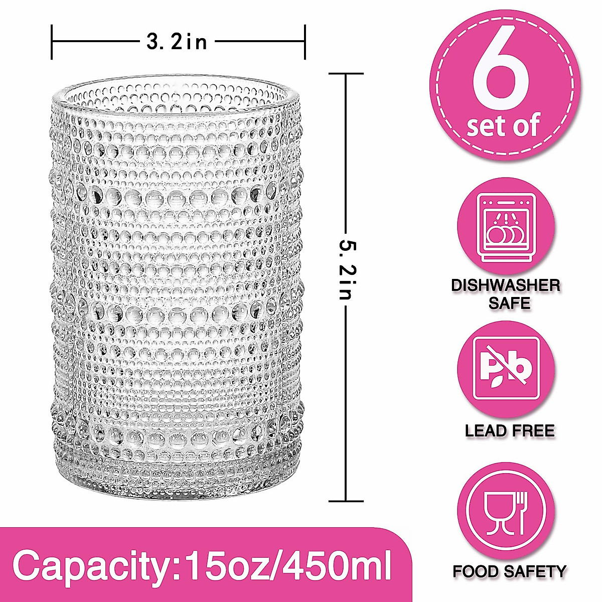 Consou Large Glasses Set of 6, 15 oz Hobnail Glassware Thick Glass Heavy Base