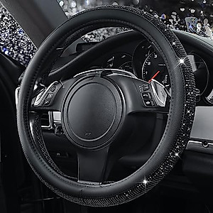 CAR PASS Bling Diamond Leather Steering Wheel Cover, With Bling Sparkly Crystal Glitter Rhinestones Universal Fit 14"1/2-15" Car Wheel Protector for Women Girl Fit Suvs,Vans,Sedans,Cars,Trucks, Black