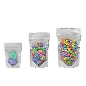 PackFreshUSA: 5 Mil White/Clear Stand Up Pouch Bags - Professional Flexible Packaging - Resealable - Seal-Top - Heat-Sealable - Hang Hole - Tear Notch - Medium 5 x 8 x 3 in - 100 Pack