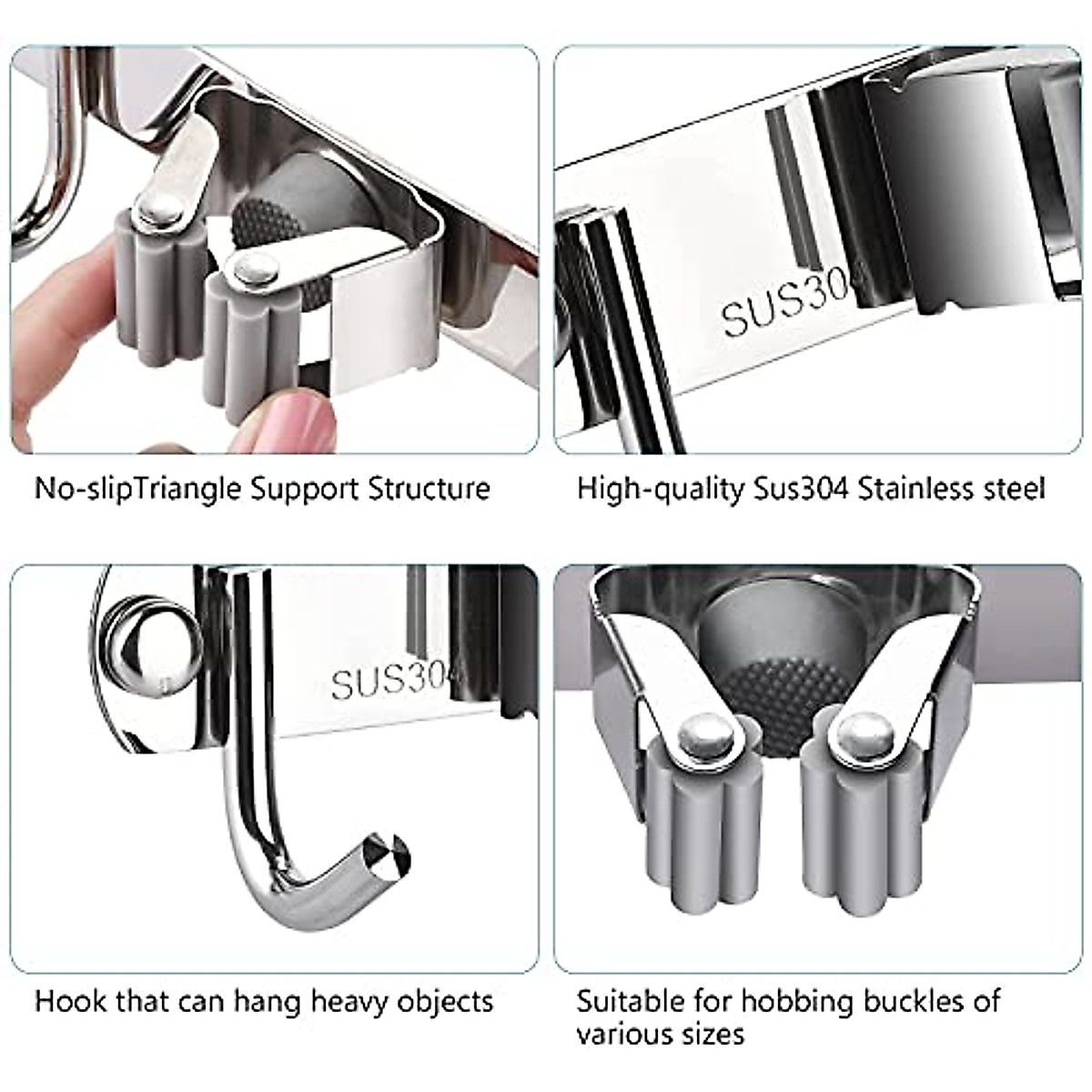 ONMIER Broom Holder Wall Mount Stainless Steel Mop and Broom Holder Wall Mounted Broom Tools Storage Organizer with 3 Racks 4 Hooks for Home Kitchen Garden Laundry Room (2 PACK)