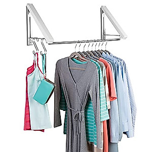 mDesign Expandable Metal Wall Mount Clothes Air Drying Rack - for Indoor Air Drying and Hanging Clothing, Towels, Lingerie, Hosiery, Delicates - Great for Laundry Room, Bathroom, Utility Area - White
