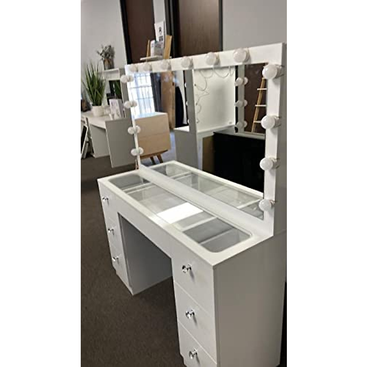 MSILVA 07 Drawers Glass top White Makeup Vanity with Mirror and Set of 14 led Lights Bulbs