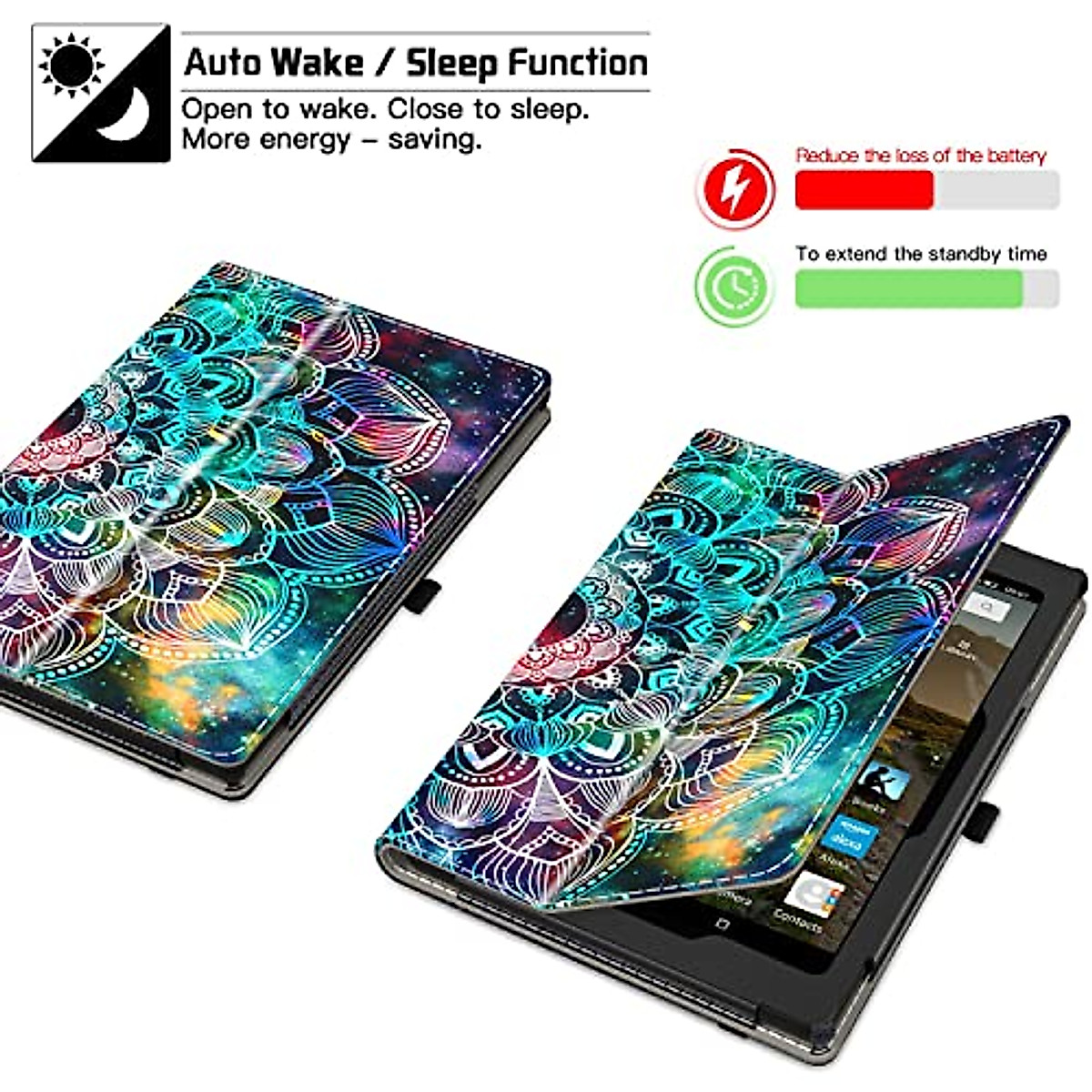 COOWPS Folio Case for Amazon Fire HD 10 (ONLY Fit 11th Generation, 2021 Release) and Fire HD 10 Plus Tablet - Slim Folding Stand Cover with Auto Wake/Sleep & Hand Strap, Mandala Flower