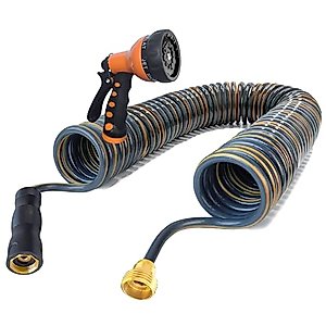 HomeyHoney EVA Recoil Garden Hose 50 ft, Coiled Boat Hose, Heavy Duty EVA coil Hose with Spray Nozzle and Brass Connectors for Outdoors, Yard, Boats, Car Washing