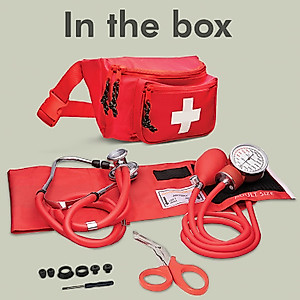 NOVAMEDIC First Aid Fanny Pack Stocked with Emergency Essentials and Professional Aneroid Sphygmomanometer Blood Pressure Machine with Stethoscope Set, Essential Medical Supplies kit