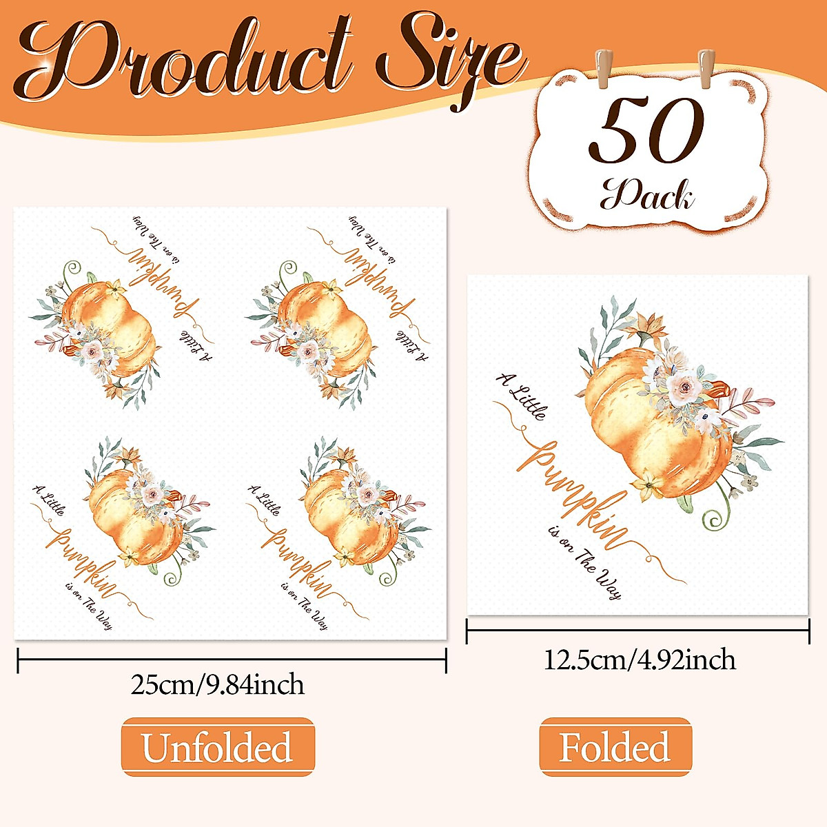 50 Pack A Little Pumpkin is On The Way Disposable Paper Napkins Little Pumpkin Baby Shower Disposable Hand Towel Pumpkin Guest Napkin for Boys Girls Party Supplies for Baby Shower Gender Reveal Party