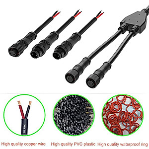 WOODGUILIN Y Shape 2 Pin Connector Outdoor LED Connector Splitter,16AWG Cable with Metal Nut for Automotive,Marine,Outdoor LED Strip.(1 Y Connector+3 Branch Heads)