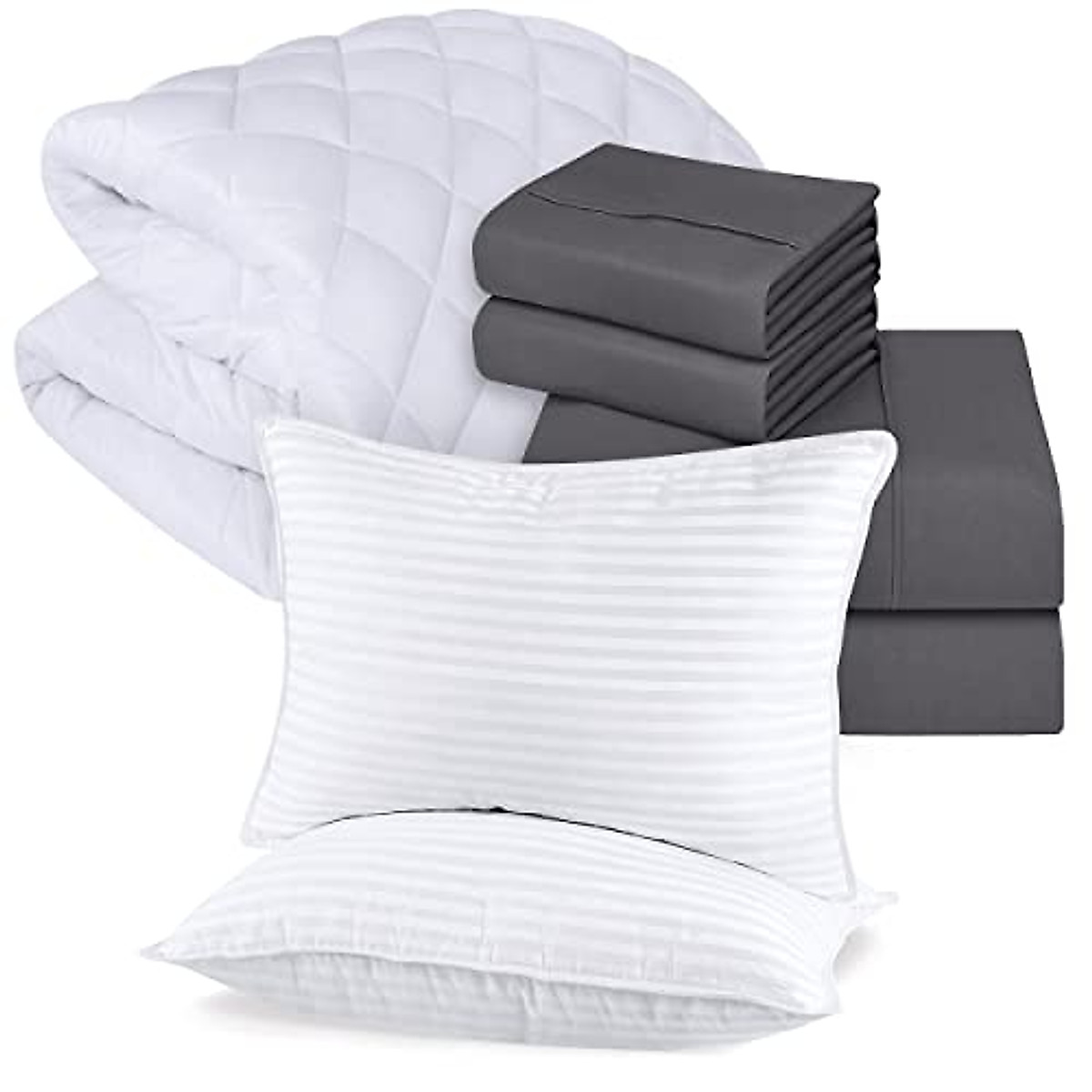 Utopia Bedding 1 Queen Quilted Fitted Mattress Pad White with 4PC Queen Bed Sheet Set Grey and 2 Pack Queen Bed Pillows for Sleeping