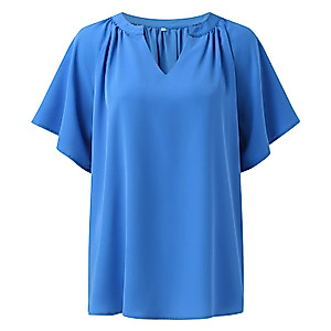 Blouses for Women Dressy Casual Sexy Women's Loose Casual Short Sleeve Chiffon Top V Neck T Shirt Sexy Blouse Blue