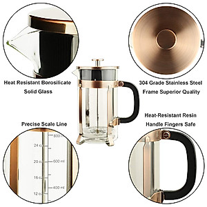 ADAMITA French Press Coffee Maker 8 cups 34 oz 304 Stainless Steel Coffee Press with 4 Filter Screens, Easy Clean Heat Resistant Borosilicate Glass - Free 100% BPA (A-Style-Copper-3A, 34 oz)