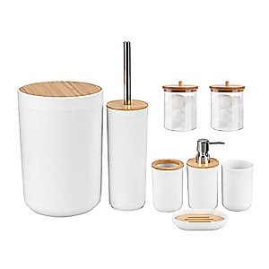 Bathroom Accessories Set, Set of 8 Piece Plastic Gift Set Toothbrush Holder,Toothbrush Cup,Soap Dispenser,Soap Dish,Toilet Brush Holder,Trash Can,Cotton Swab can for Bathroom (White bamboo-8pcs)