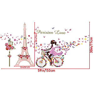 RW-9006 3D Flower Fairy Wall Decals Romance Paris Eiffel Tower Wall Stickers DIY Removable Girl Riding Bike Butterfly Floral Light Tower Decor for Girls Women Bedroom Living Room Nursery Decoration