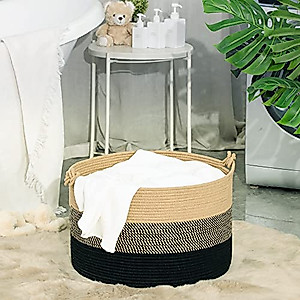 KAKAMAY Large Blanket Basket (20"x13"),Woven Rope Baskets for storage Baby Laundry Hamper, Cotton Rope Blanket Basket for Living Room , Laundry, Nursery, Pillows,Baby Toy chest (Jute/Black)