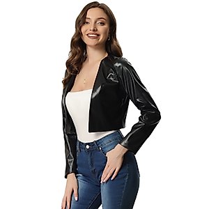 Allegra K Faux Leather Jacket for Women's Long Sleeve Short Coat Moto Biker Cropped PU Jackets X-Small Black