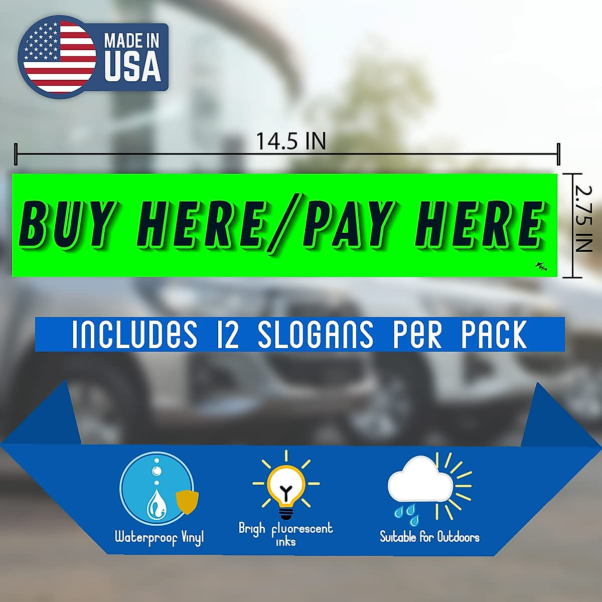 Versa Tags Windshield Slogan Stickers 12 Pack of ONE Owner Stickers 12 Pack of Cash Slogans 12 Pack of Buy HERE Pay HERE Window Stickers (36) Dealership Stickers Black On Green