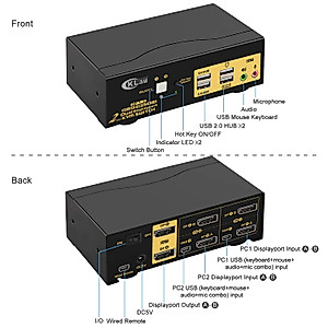 CKLau 4K@60Hz 2 Port Dual Monitor KVM Switch Displayport with Audio, USB 2.0 Hub and Cables, DP 1.2 KVM Switch 2 Monitors 2 Computers Support Hotkey Switching