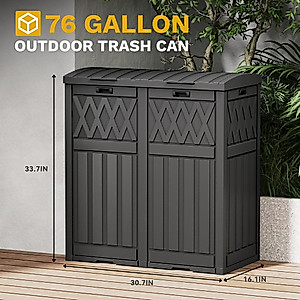 DWVO 76 Gallon Garbage Dual Can, Resin Outdoor Trash Can with Tiered Lid and Drip Tray, Waterproof Trash Bin for Patio, Kitchen, Backyard (Black)