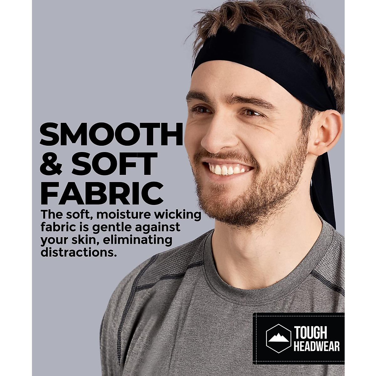 Tough Headwear Tie Headband for Men - Tennis Headband for Women, Sweat Band for Workout, Running, Football, Basketball, Athletics - Midnight Black