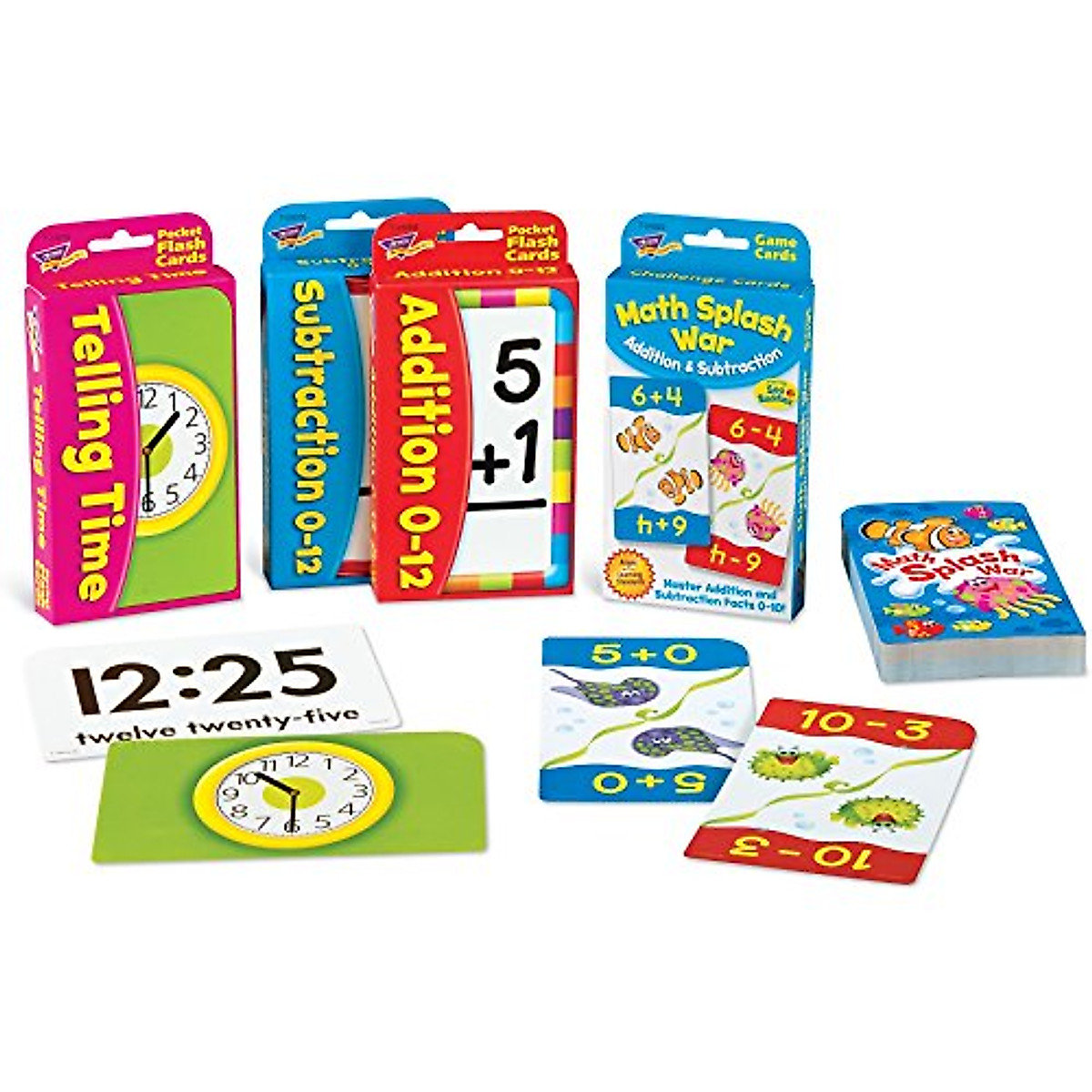 Trend Enterprises: Math Power Pack, 4 Flash Card Set Includes Math Splash War, Addition 0-12, Subtraction 0-12, Telling Time Flash Cards, Self-Checking Design, for Ages 3 and Up