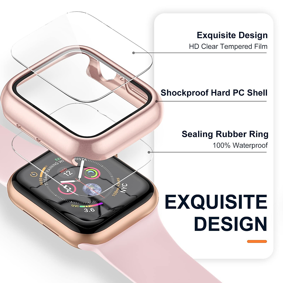 Charlam Compatible with Apple Watch Case 40mm iWatch SE Series 6 5 4 with Screen Protector, Full Protective Waterproof Bumper Cases Touch Sensitive Clear Film Screen Cover, Black/Clear/Rose Gold, 40mm