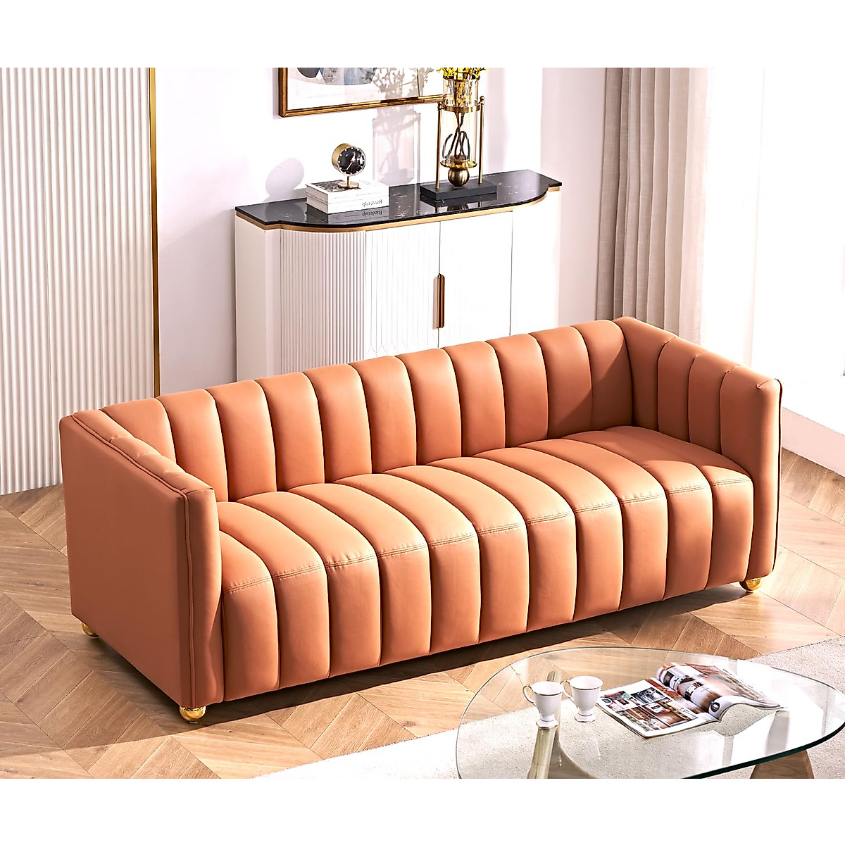 Container Furniture Glam Fabric Upholstered Solid Wood Frame 82.7" Art Deco Sofa for Living Room, Office, Sophisticated 3 Seater Couch, Orange