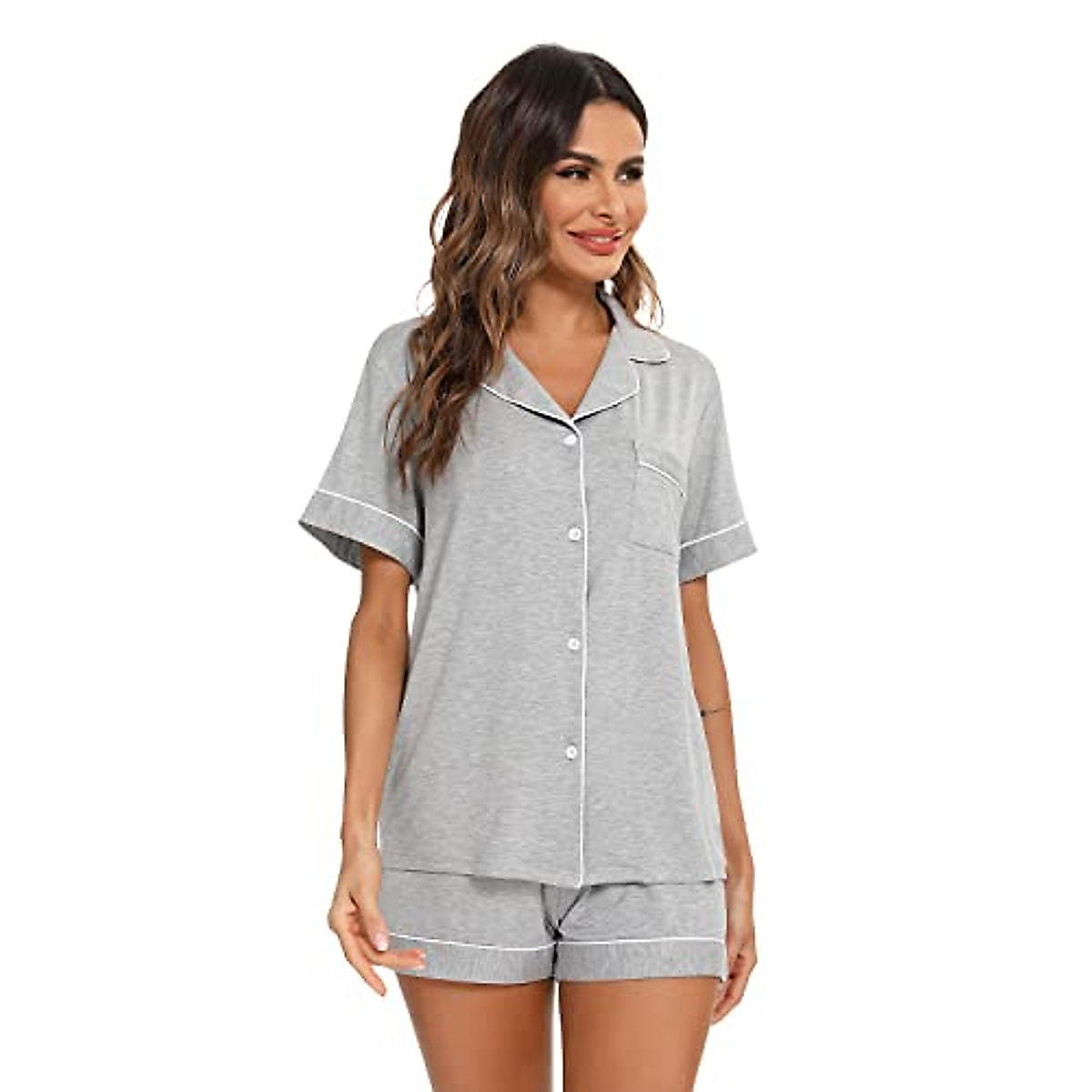 Aamikast Button Up Pajama Set for Women Shorts Short Sleeve Knit Sleepwear 2 Pice Pjs Sets (X-Large, Light Gray)