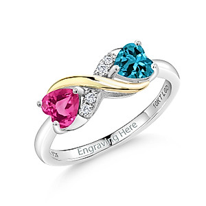 Gem Stone King 925 Sterling Silver and 10K Yellow Gold Customized and Personalized Name Engraved 2-Stone Heart Shape Gemstone Birthstone and White Lab Grown Diamonds Ring For Women (Size 6)