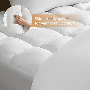 Intelligent Design Twin Mattress Pad, Overfilled High Density Down Alternative Fill, Extra Fluffy 3D Puff Mattress Topper Soft Microfiber Mattress Cover, Fitted Pocket Fits Up to 18", Queen, White