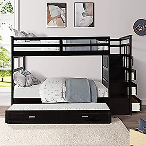 ATH-S Solid Wood Bunk Bed Frame No Box Spring Needed with Guardrails, Ladder and Storage Stairs for and Teens Platform, Twin Over Full, Gray (Color : Espresso with Hiden Drawers)