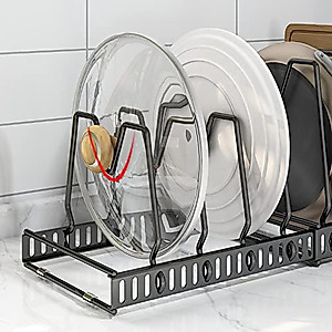 WEITELAI Pot Lid Organizer For Cabinet, 7 Dividers Adjustable Pots and Pans Organizer for Cabinet, With Draining Tray Kitchen Cookware, Bakeware, Cookie Cutting Board Organizer Black