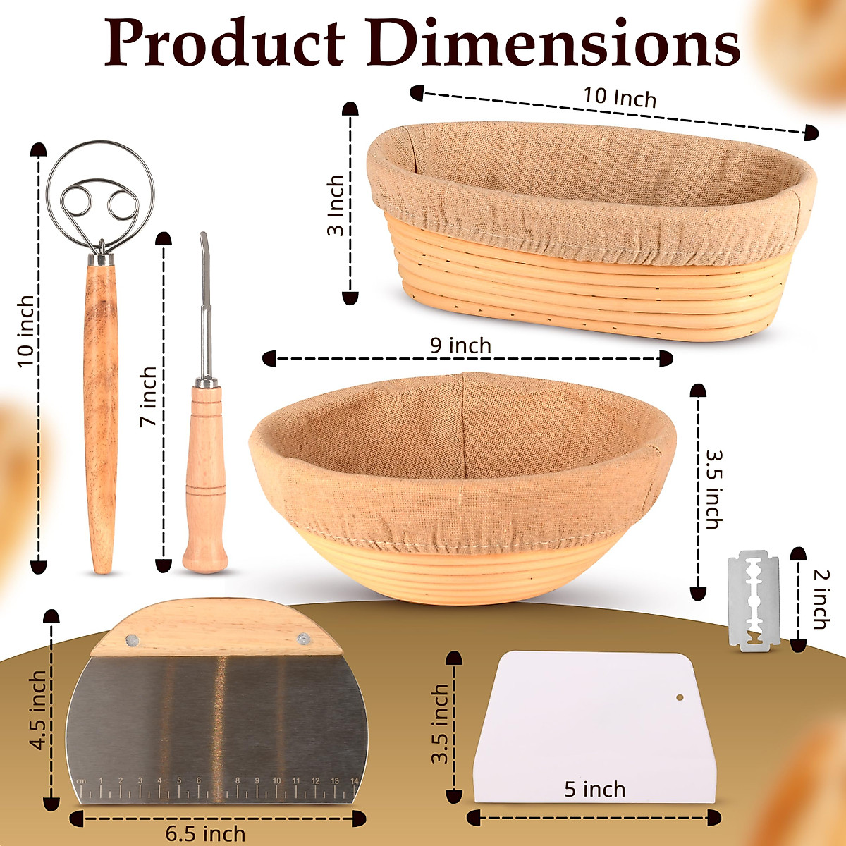 Banneton Bread Proofing Basket Set of 2-9 inch Round & 10 inch Oval Sourdough Basket, Sourdough Bread Kit with Bread Lame, Dough Scraper, Dough Whisk and Linen Liners, Bread Making Tools and Supplies