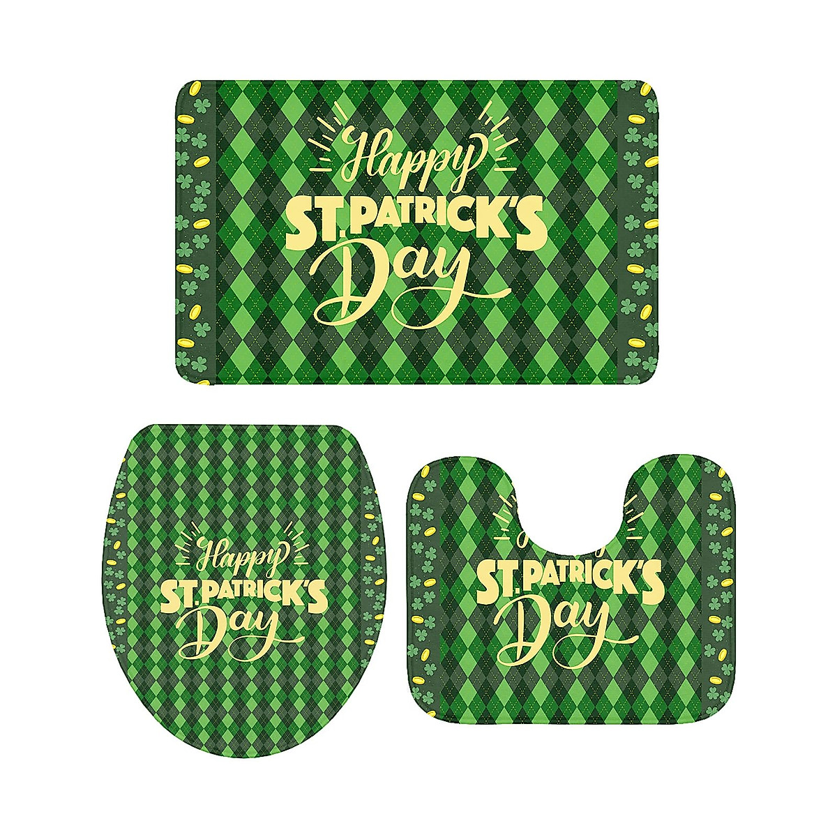 Bath Rugs for Bathroom Set 3 Piece St. Patrick's Day Green Diamond Plaid Lucky Shamrocks Clovers Non-Slip Washable Memory Foam Absorbent Bath Mat Rugs,U-Shaped Toilet Floor Mats,Toilet Lid Cover