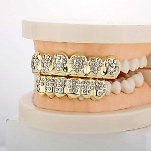 JINAO Gold Grillz 14K Gold Plated Iced Out Mouth Teeth Grillz Top Bottom Tooth Caps Hip Hop Bling Gold shiny Grills for Your Teeth for Men Women Costume Jewelry (Love Heart)