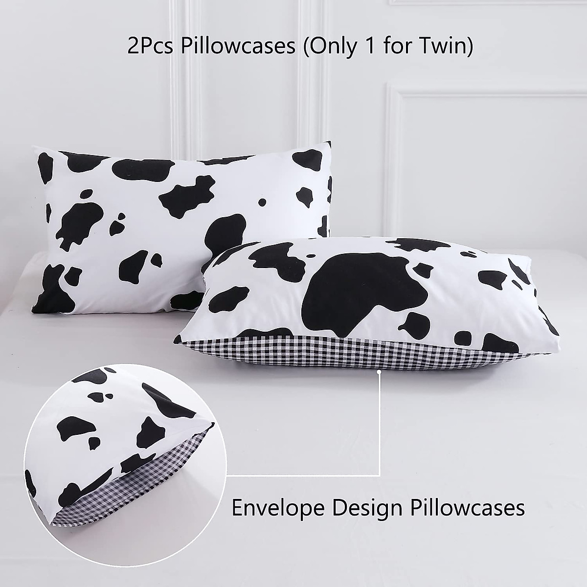 PERFEMET Cow Print Bedding Comforter Set Queen Size Black and White Reversible Geometric Checkered Bedding Set for Kids Teens Boys Girls Rustic Animal Cowhide Pattern Bed Quilt Set