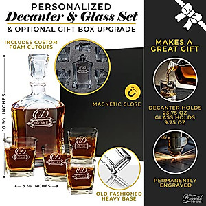 Personalized 5 pc Whiskey Decanter Set - Decanter and 4 Glasses Gift Set - Custom Engraved with Fancy Design