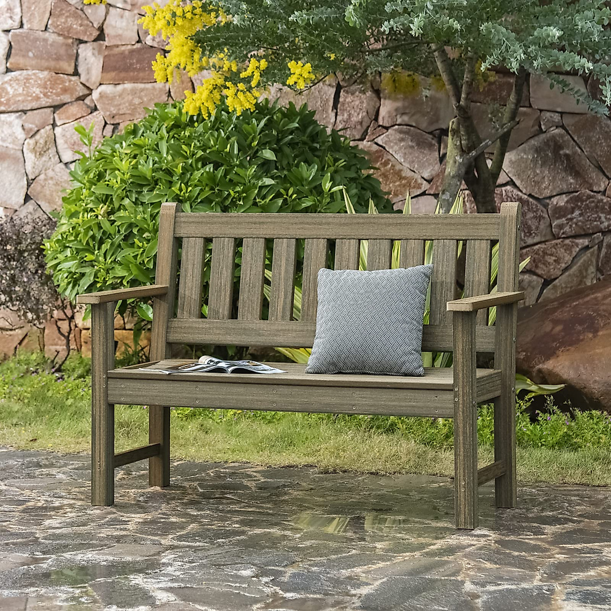 ACUEL Outdoor Bench, 3-Person Garden Bench, Poly Lumber Patio Bench for Outdoors, Porch, and Park (Light Brown)