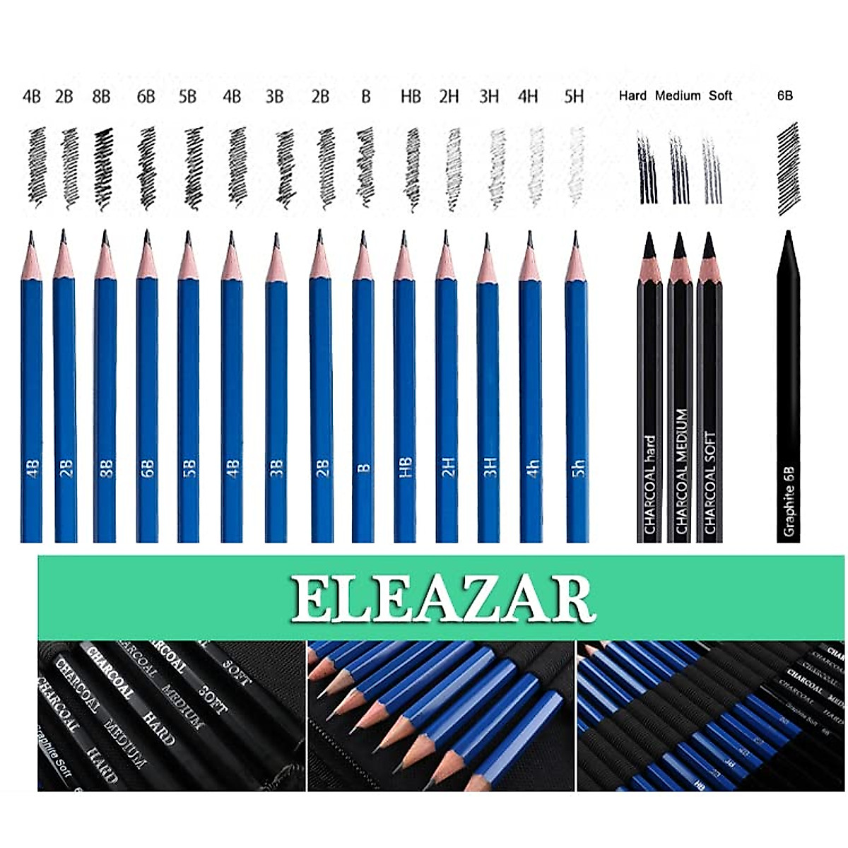 ELEAZAR35 Drawing Pencil Set in a portable zippered case (with 50-page A5 sketchbook) Includes sketching pencils and accessories for children, adults, beginners and professionals