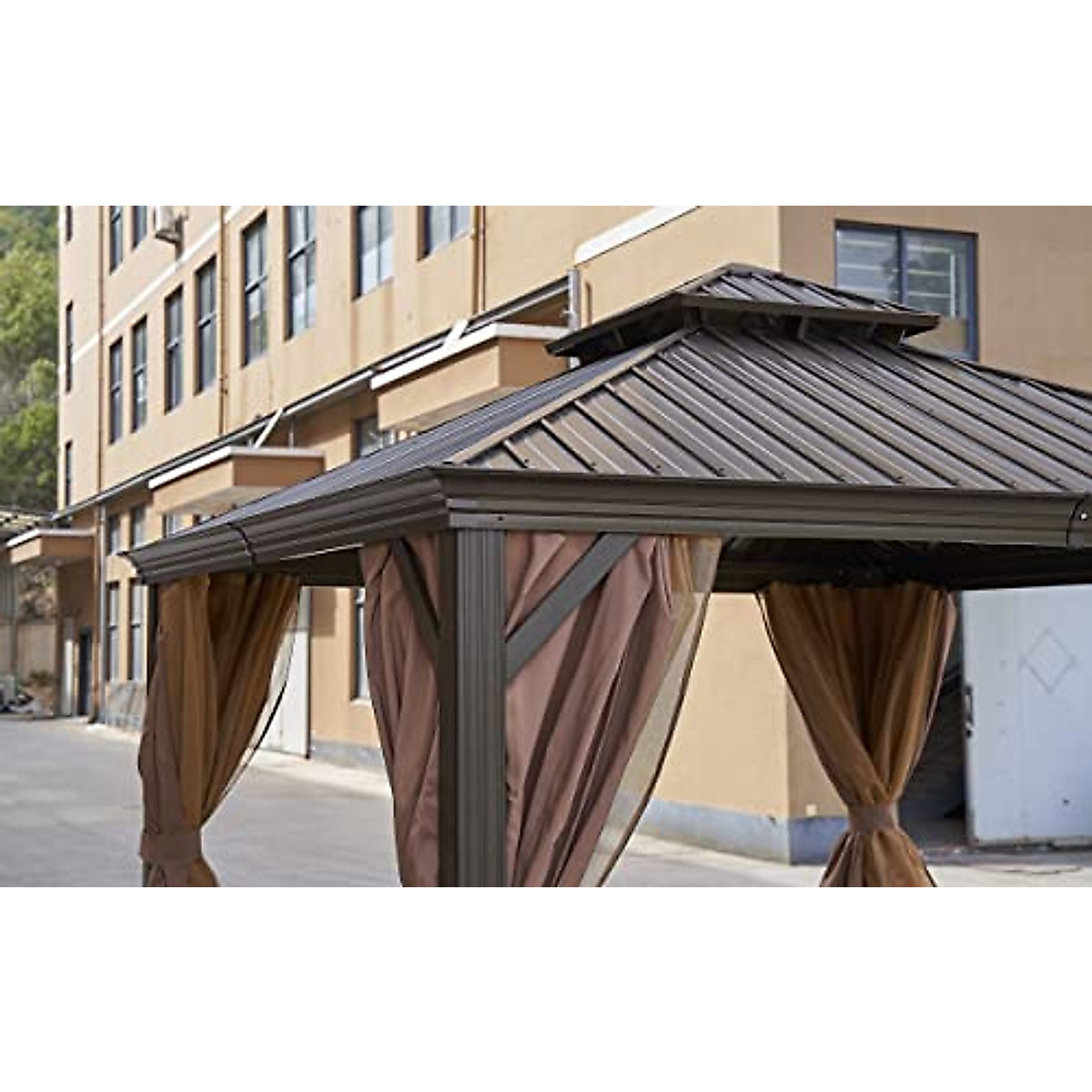 DHPM 12 x 12 FT Outdoor Patic Canopy Gazebo, Roof Iron Gazebo with Steel Canopy, Outdoor Waterproof Patio Gazebo with Curtains and Netting for Gardens, Patio, Party Canopy