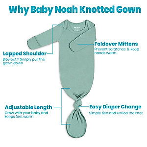 Newborn Baby Knotted Gown, Super Soft Silky Infant Long Sleeve Sleeper with Tie Bottom, Baby Girl and Boy Sleep Gown with Mittens, Bow, and Hat Set Grey Green