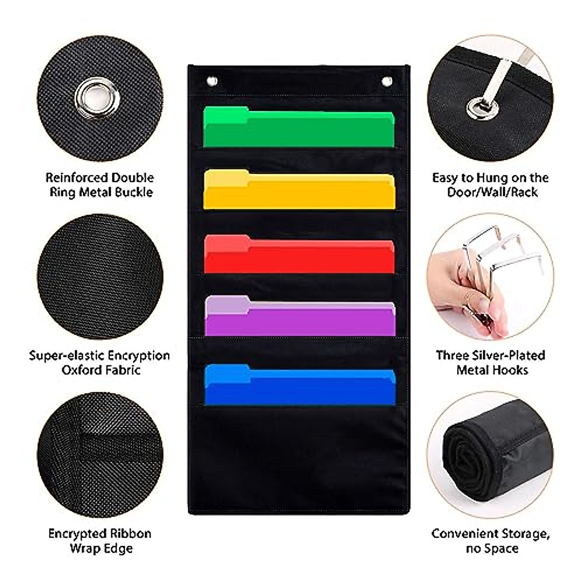 Headif Premium Door Hanging File Organizer,Cascading Wall File Storage Pocket Chart, 5 Pockets Folder Holder & 2 Hangers, Perfect for Classroom Office School and Home Use Organization