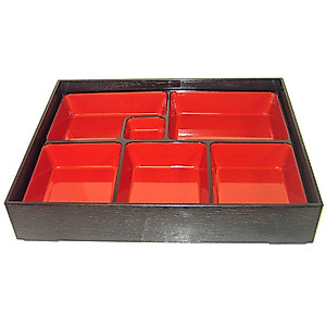 JapanBargain 1591, Red and Black Japanese Traditional Plastic Lacquered Lunch Bento Box 6 Compartments for Restaurant or Home Tray and Plate 2pc Set Made in Japan, 11.75"x9.5"