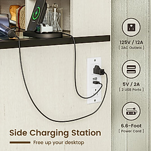 HAUOMS Farmhouse Makeup Vanity Desk with Sliding Lighted Mirror, Glass Top Vanity Desk with Power Outlet, Rustic Vanity Set, Antique White