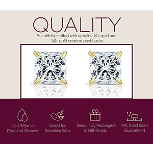 Solid 14k Yellow Gold Solitaire Square Princess-cut CZ Stud Earrings with Secure Screw-backs (5mm)