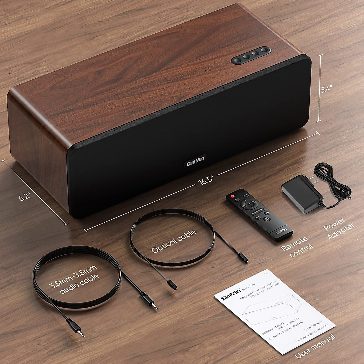 Saiyin Sound Bars for TV, 16.5'' Wooden TV Speakers Soundbar Home Theater Surround Sound System with Dual 3.5'' Woofers, Bluetooth 5.0 and HDMI ARC/Optical/AUX Input for TV, Projector, Record Player