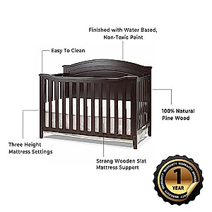 SORELLE FURNITURE Berkley Round Top Crib, Classic 4-in-1 Convertible Crib, Made of Wood, Non-Toxic Finish, Wooden Baby Bed, Toddler Bed, Child’s Daybed and Full-Size Bed, Nursery Furniture-Espresso