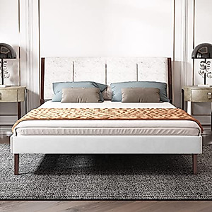 AGARTT Modern Upholstered Platform Queen Size Bed Frame with Unique Headboard Easy Assembly Cream Velvet