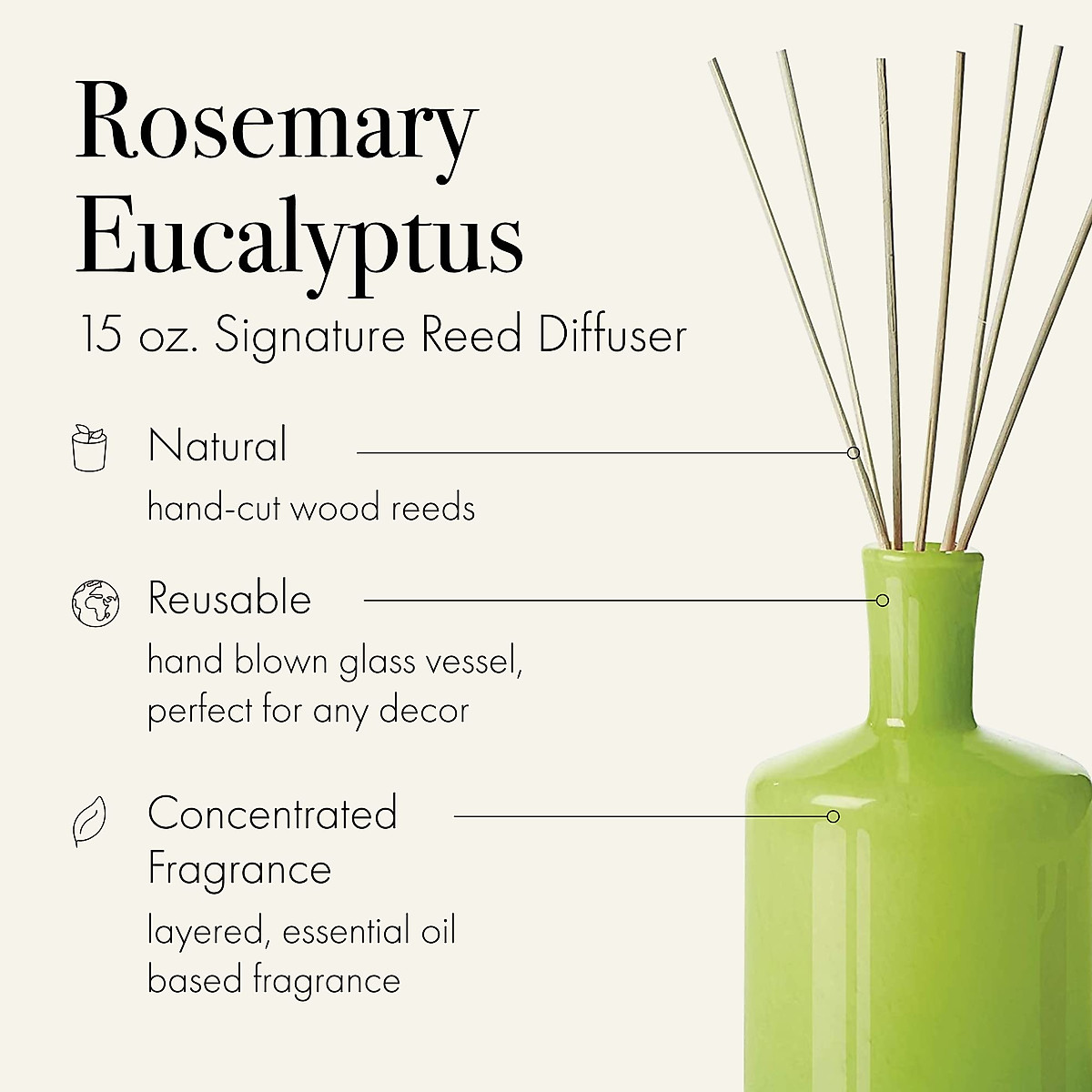 LAFCO New York Signature Reed Diffuser, Rosemary Eucalyptus - 15 oz - Up to 9 Months Fragrance Life - Reusable, Hand Blown Glass Vessel - Natural Wood Reeds - Made in The USA