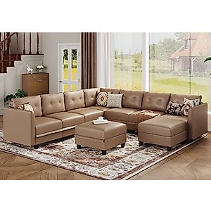 LLappuil Modular Sectional Sofa, Oversized U Shaped Sofa with Storage, Sectional Couch for Living Room, Faux Leather Fabric Waterproof Sofa, 8 Seats with Ottoman, Cognac Brown