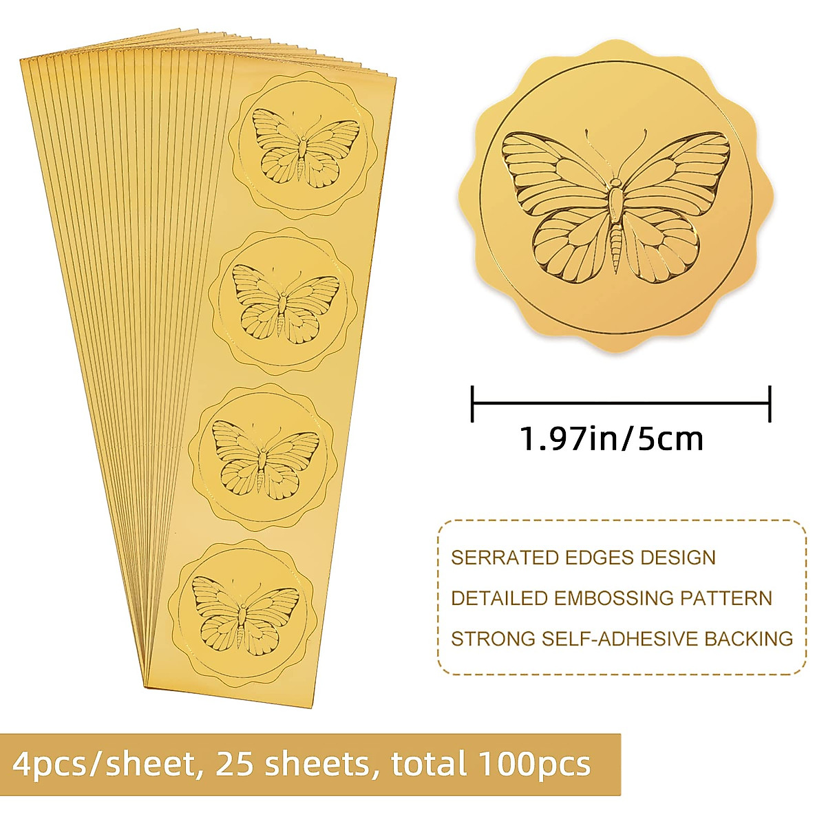 CRASPIRE Butterfly Gold Foil Seals Wedding Embossed Certificate Seals 2" Round Self Adhesive Label Stickers for Wedding Invitations Party Favors Envelopes Graduation Christmas Seals